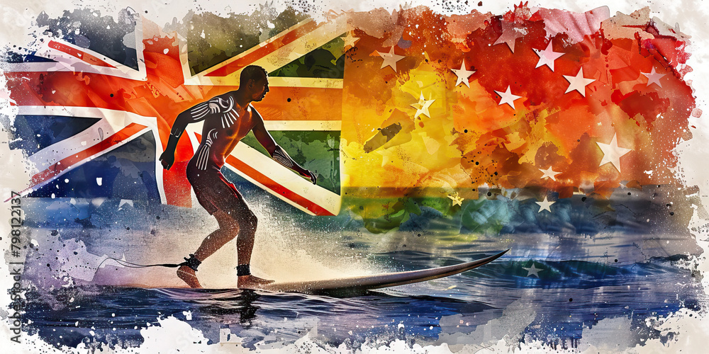 Australian Flag with an Aboriginal Artist and a Surfer - Picture the ...