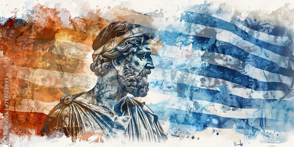 Greek Flag with an Ancient Greek Philosopher and a Fisherman ...