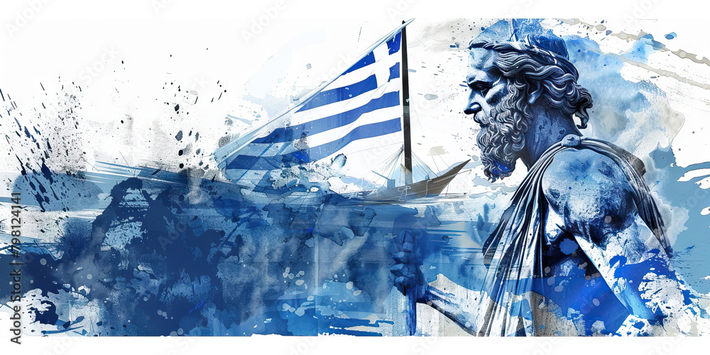 Greek Flag with an Ancient Greek Philosopher and a Fisherman ...