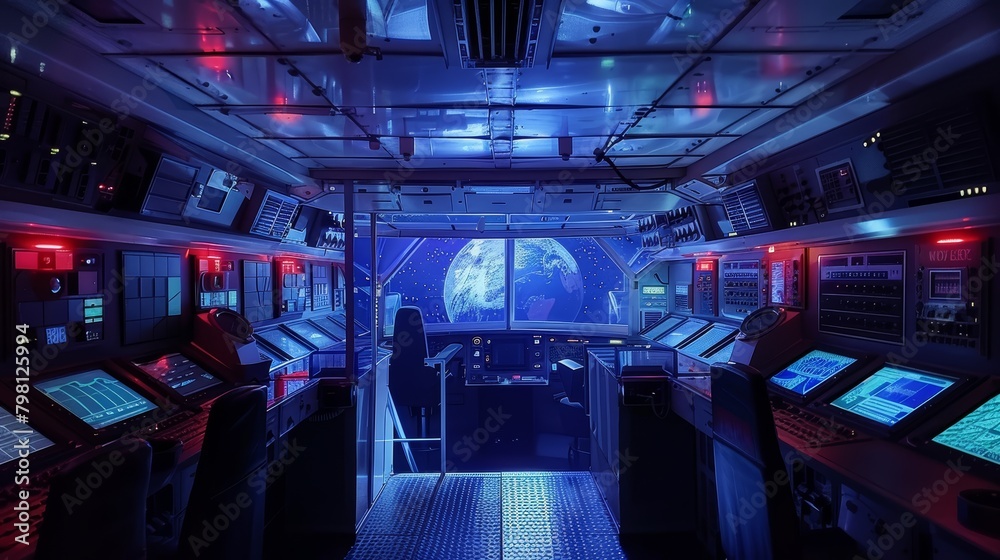 Spacecraft cockpit interior with view of Earth from space. Conceptual ...