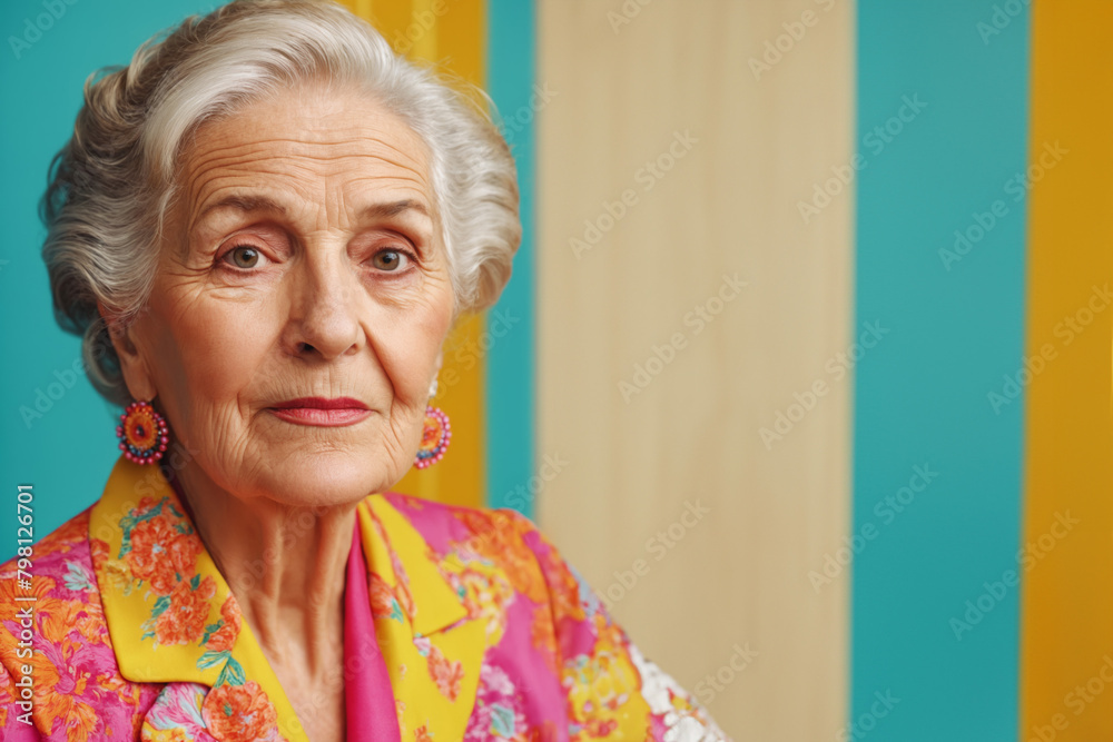 Portrait of an old beautiful woman in fashionable bright outfit on a ...