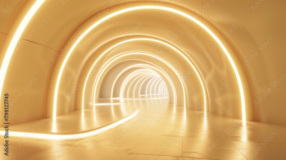 light in the tunnel, 3D rendering golden light tunnel with futuristic ...