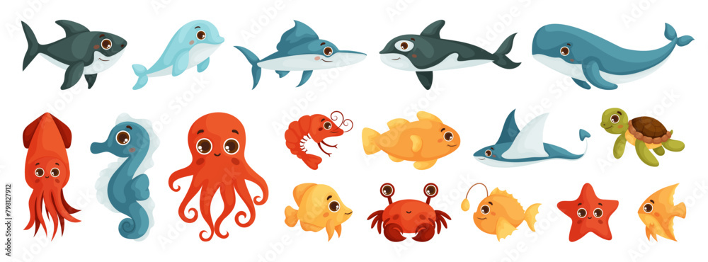 A Set of Sea Animals Stickers. Underwater life. Cute whale, squid ...