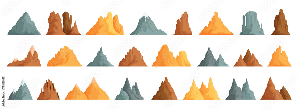 Vector set of isolated snowy mountains, mountain peak, hilltop, iceberg ...