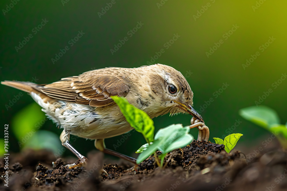 The early bird catches the worm concept, a bird pulling a worm from the ...