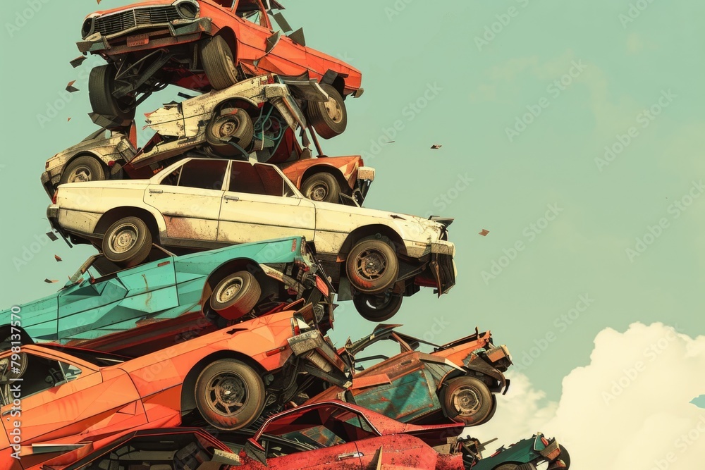 A pile of old cars stacked on top of each other. Suitable for ...