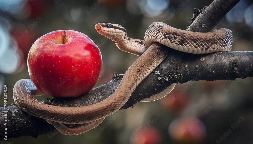 Snake in a apple tree next to a red apple representing original sin ...