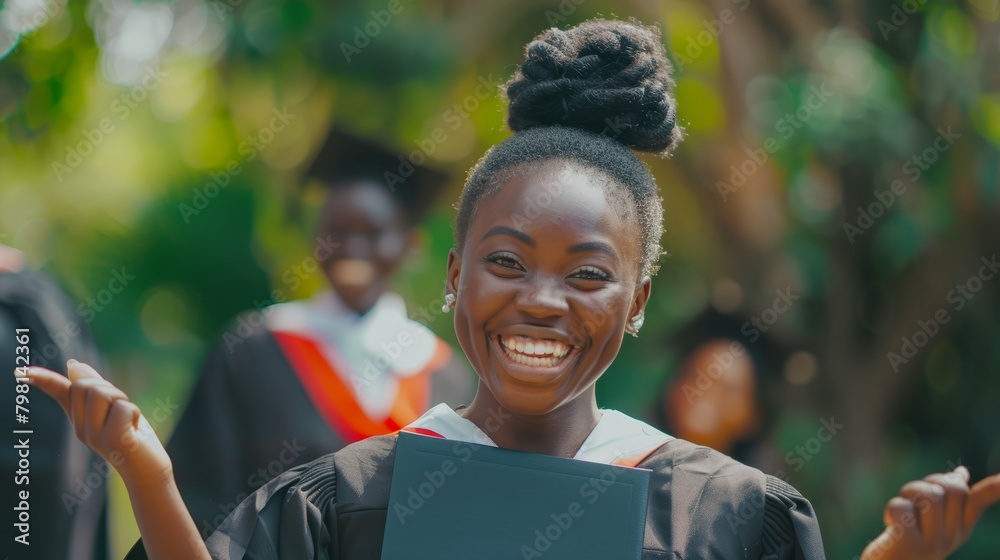 Joyful graduate student holding diploma with excitement. Outdoor ...