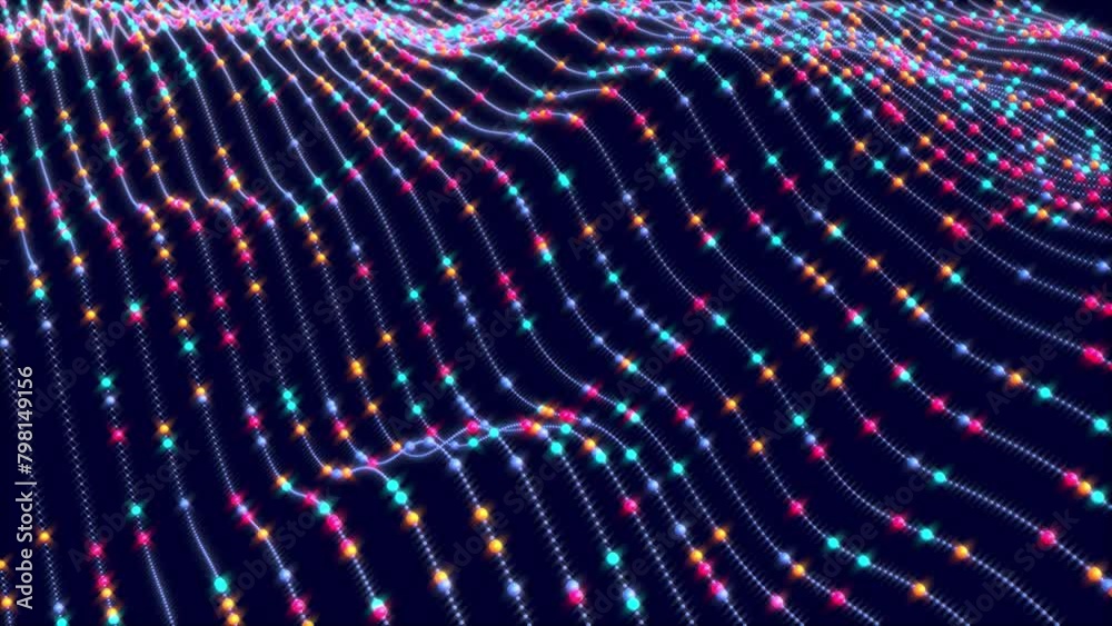 Looped glowing dots, waves and sparkles of grid mesh surface animated ...