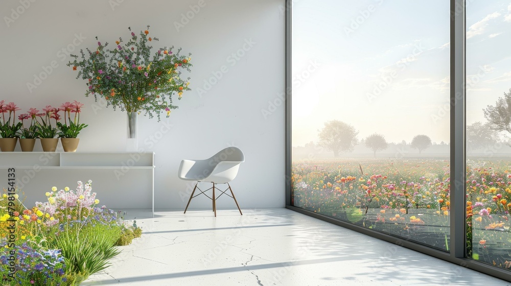 Modern interior design with large windows and bright flower field ...