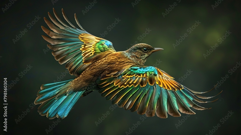 A tui bird is flying with its wings spread wide. The bird has dark ...
