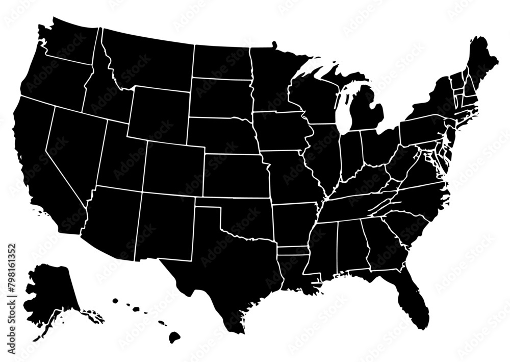 USA map with states isolated on a white background. United States of ...