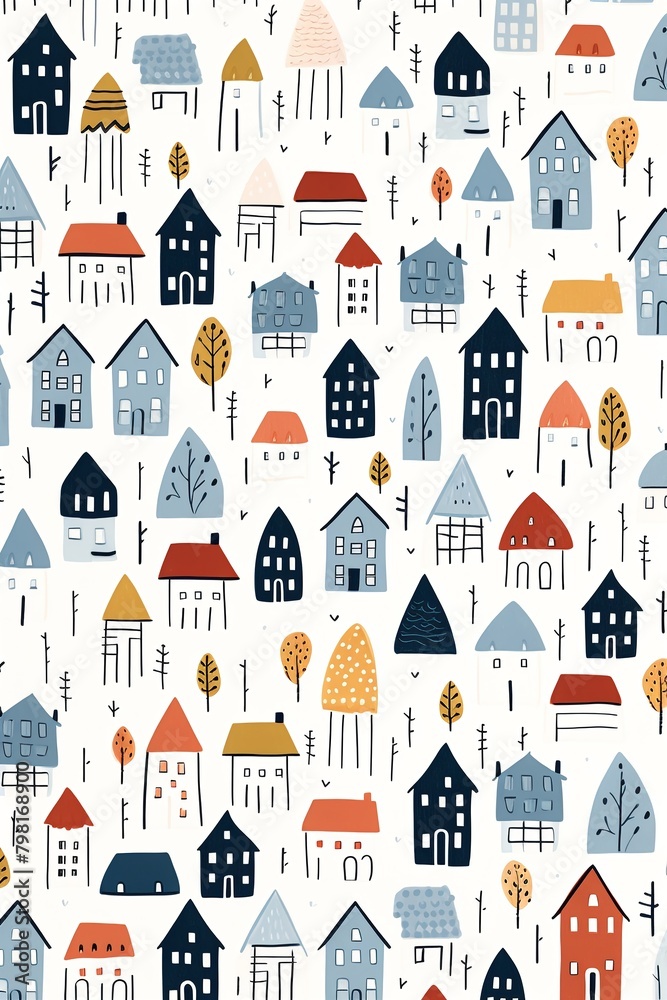 Repeating houses, childdrawn style, simple lines, flat graphic ...