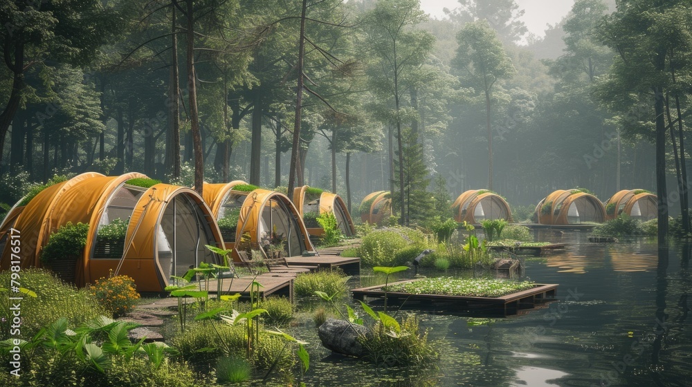 Sustainable Camping Pods in Misty Forest, Eco-friendly camping pods set ...