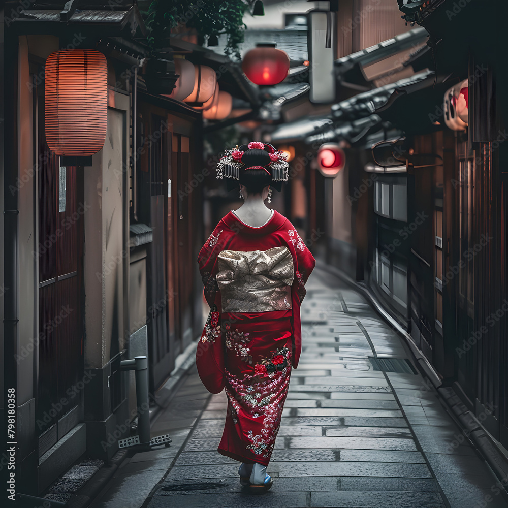 Geisha wearing red kimono walking gracefully through the historic ...