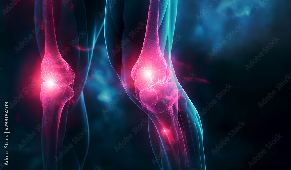 Glowing red knee joint in digital render. Knee pain and inflammation 3D ...