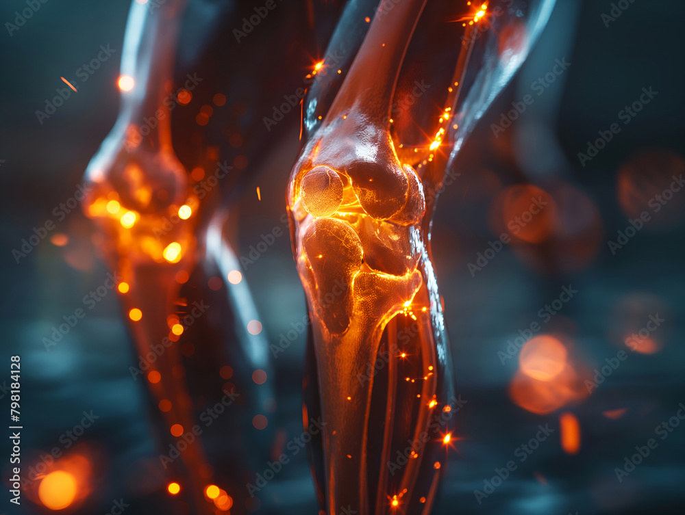 3D knee anatomy with glowing highlights. Human knee joint in bright red ...