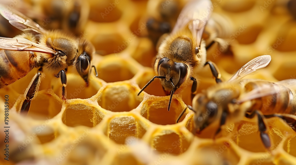 the queen (apis mellifera) marked with dot and bee workers around her ...