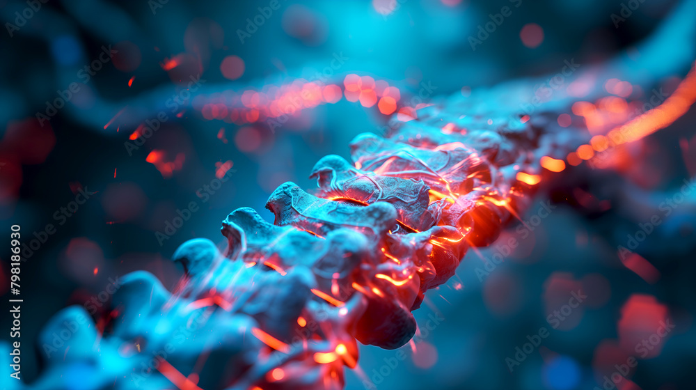 Glowing blue spine with red core. Spinal column digital art in blue ...