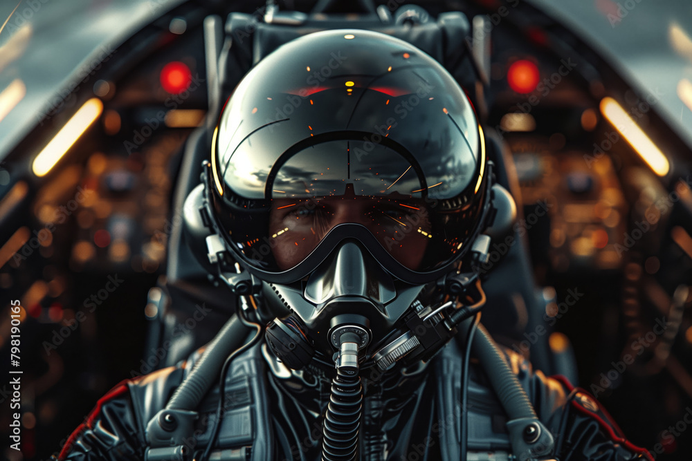 Jet Pilot Ready for Mission. Intense close-up of a fighter pilot in ...