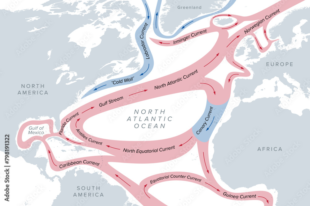 Poster Map of the Gulf Stream and major North Atlantic Ocean currents ...