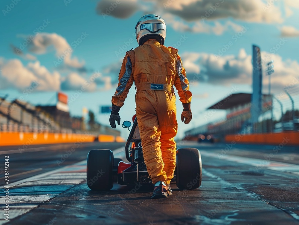 Gokart driver walking to car before race at starting line on motor ...