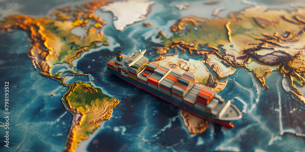 Global Supply Chain: Miniature Container Ship Illustration on Map Stock ...