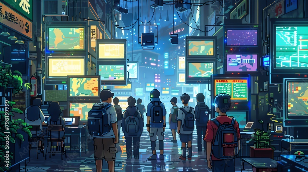 Craft a detailed pixel art scene of a bustling virtual classroom, with ...