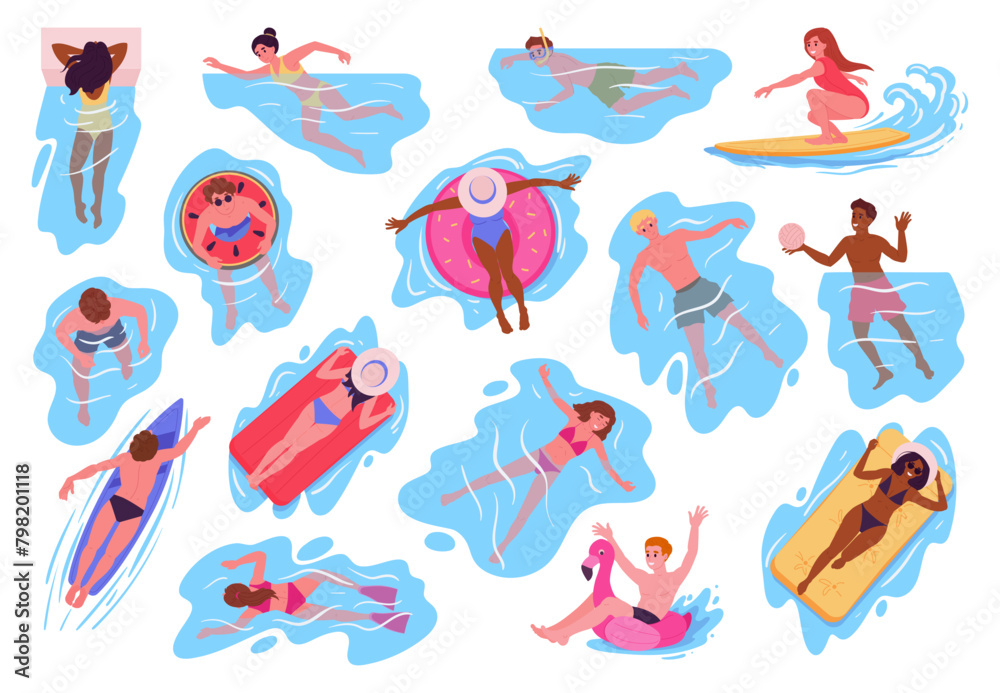 People swimming in ocean or pool. Summer sea vacation, characters ...