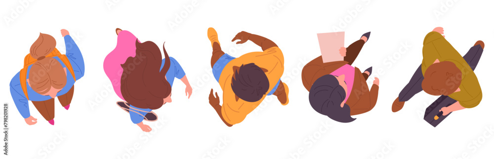 Walking characters top view. Male and female people group view from ...