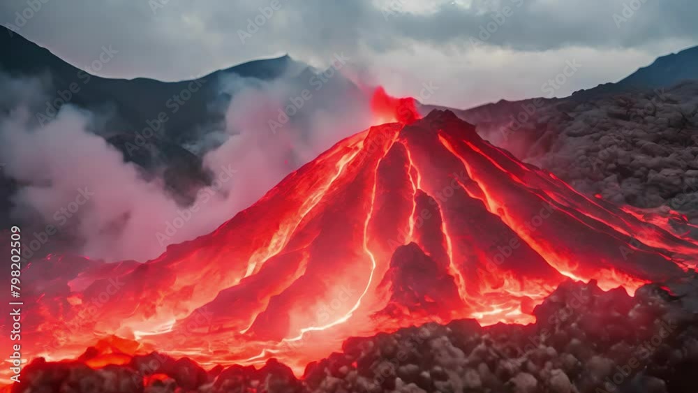 Dramatic volcanic eruption with glowing red lava flows. Fiery mountain ...