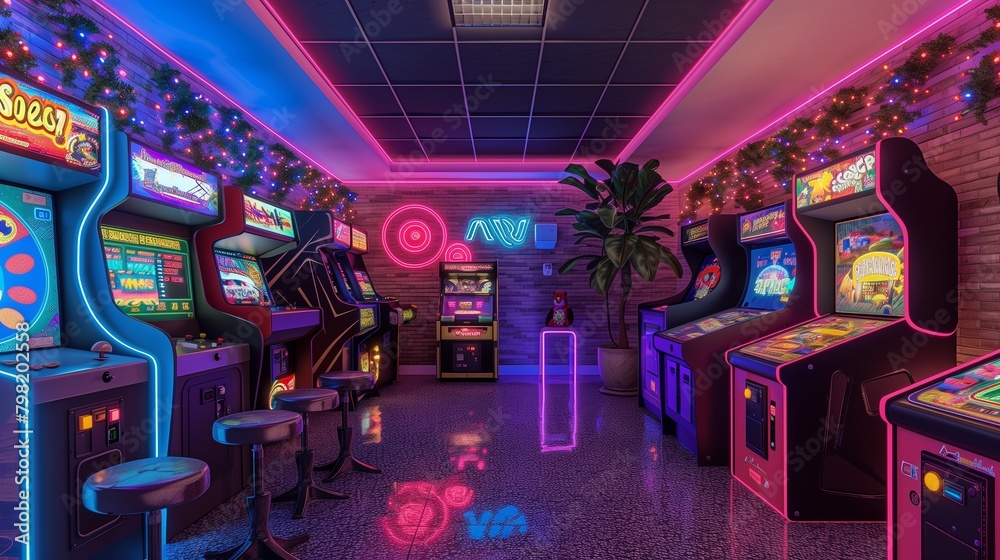 Retro-themed game room with arcade machines and neon signage Stock ...