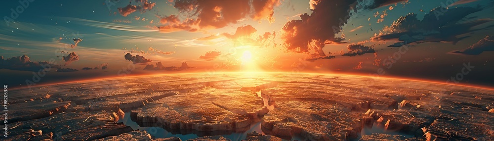 Earth with its oceans drying up, leaving cracked and scorched land ...