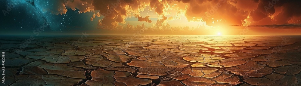 Earth with its oceans drying up, leaving cracked and scorched land ...