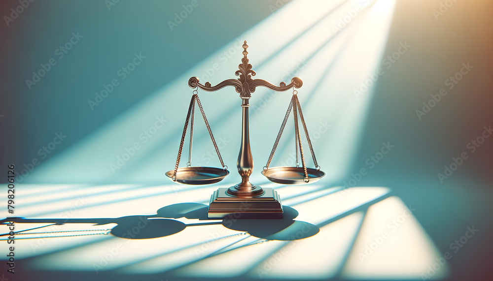 Balance de justice en métal éclairée par les rayons du soleil Stock ...