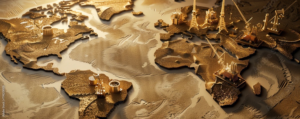 An artistic aerial view of a world map crafted in sand, with miniature ...
