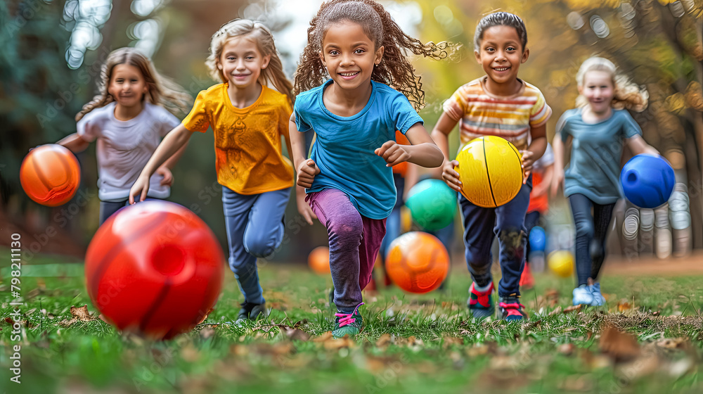 A group of young girls are playing a game of catch with a variety of ...