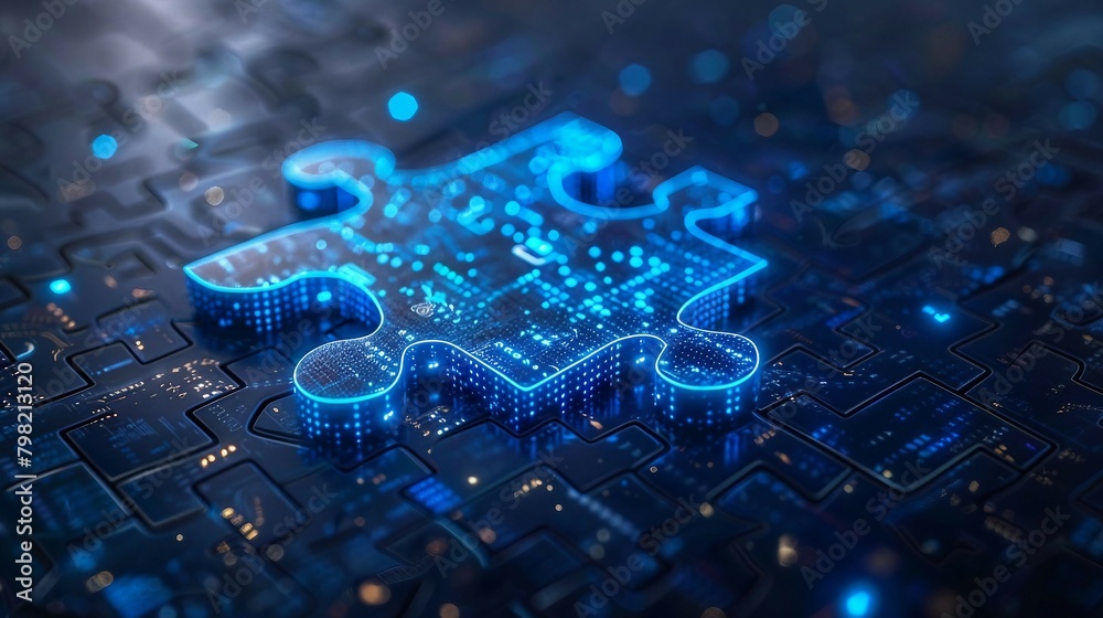 digital blue jigsaw puzzle with glowing data streams, ai in puzzle ...