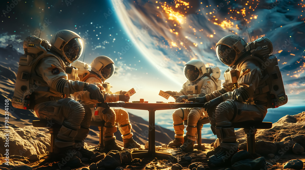 robots playing card on alien planet, sci-fi humanoid and futuristic ...