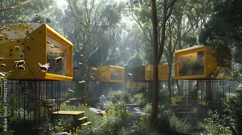 A modern apiary buzzing with activity, where AI-equipped sensors ...