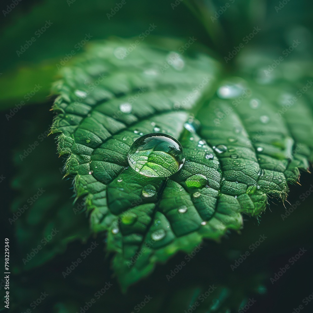 Zoom in on a water droplet on a leaf, emphasizing the ...