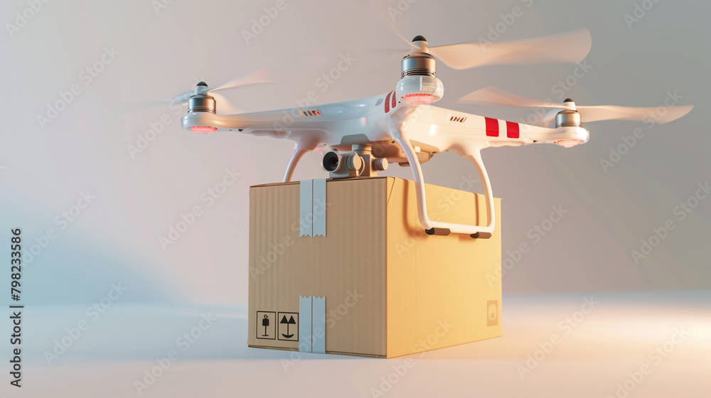 Drone, quadcopter is delivering package, cardboard.Drone technology ...