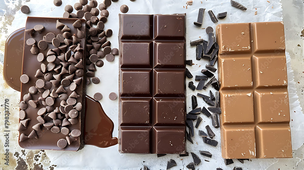 three types of chocolate: Melted Dark Chocolate with Chips: On the left ...