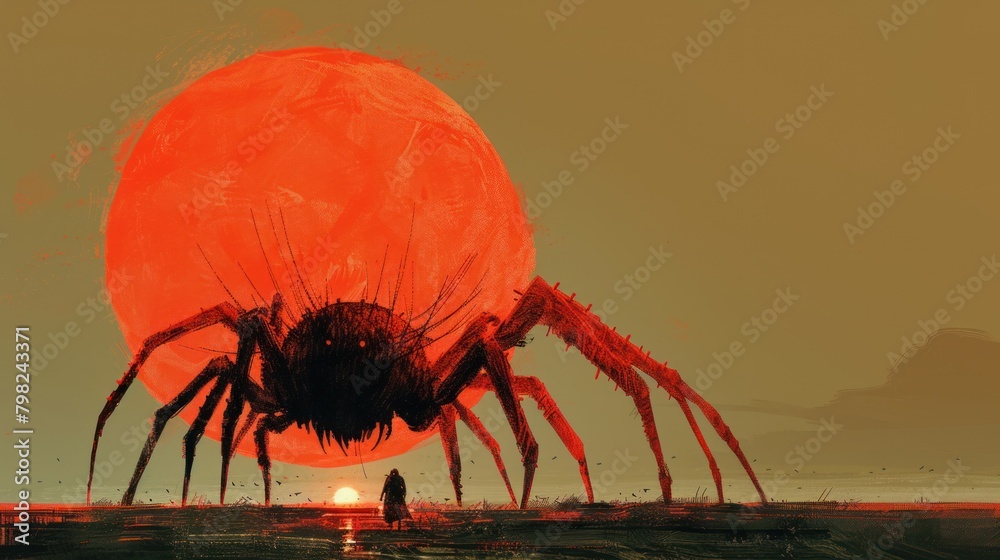 A man stands face to face with a giant toothy monster. The sky is dark ...