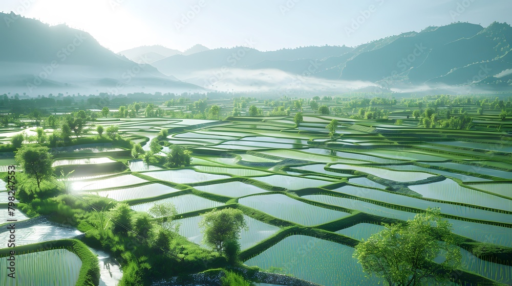 A vast rice paddy landscape, with AI-driven irrigation systems ...