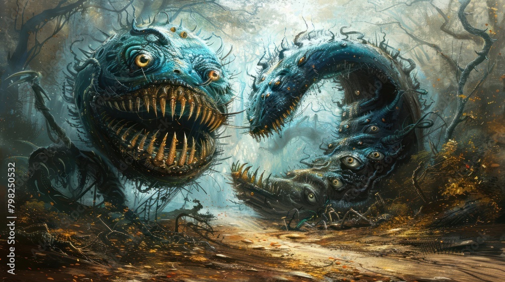 Two blue monsters with sharp teeth and many eyes. They look at each ...