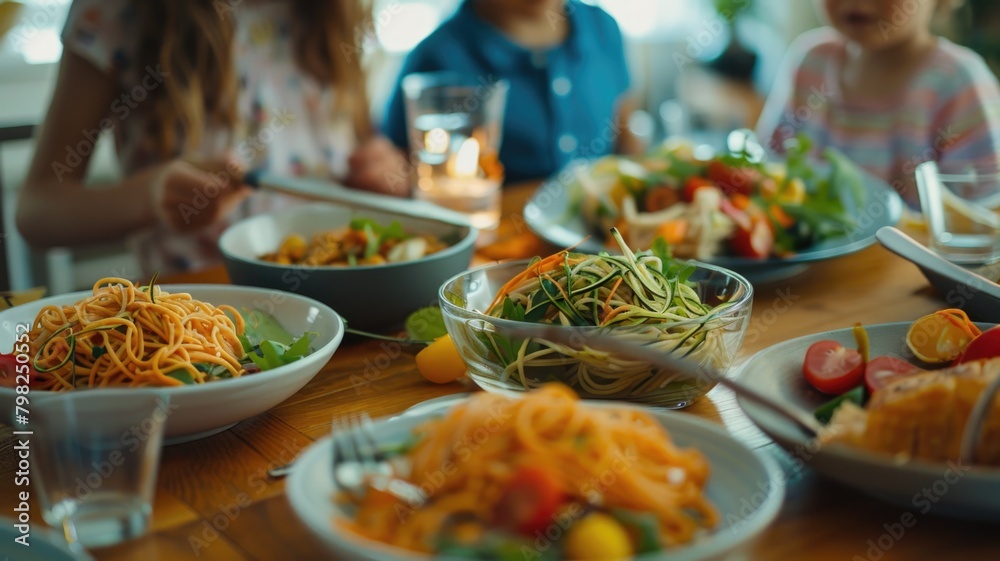 family dinner table with spiralized noodles served alongside lean ...