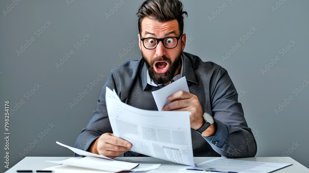 Shocked businessman with glasses examining paperwork. Surprise and ...