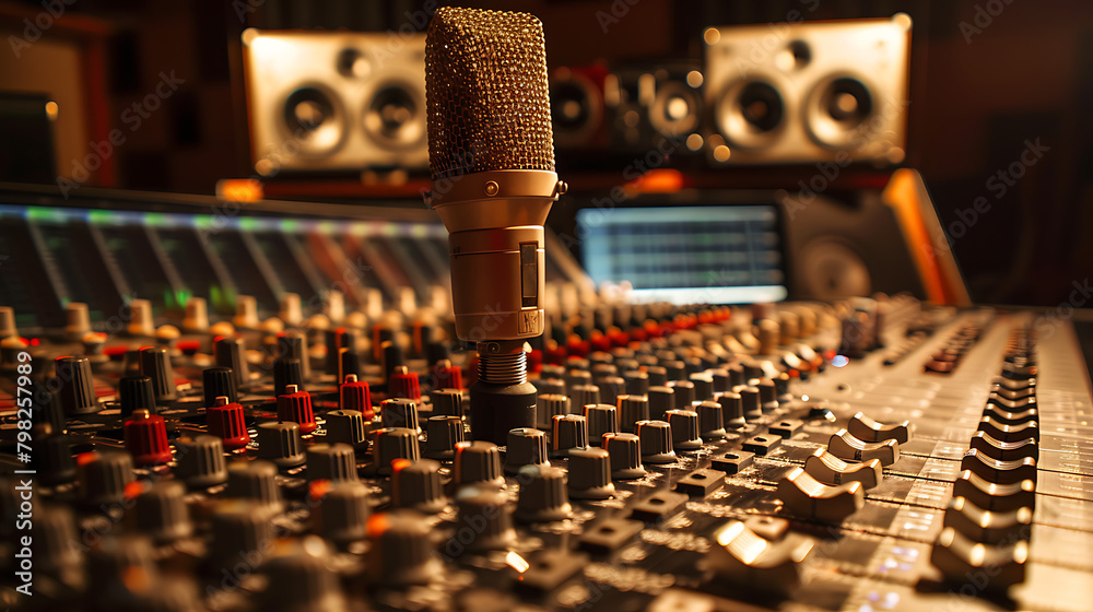 Microphone: The central focus is on a professional microphone with a ...