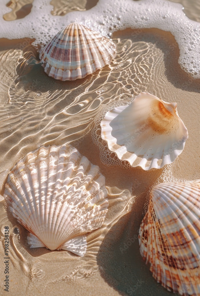 Collection of various seashells lying on the sandy beach as the gentle ...